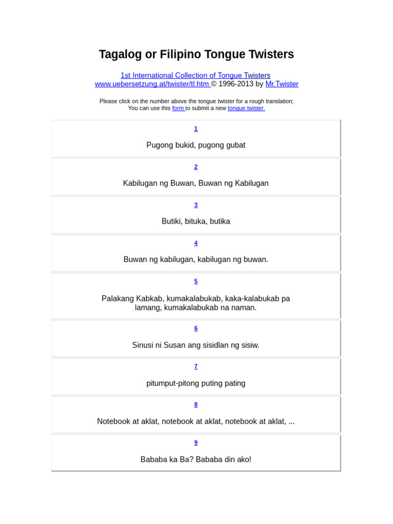 Tagalog or Filipino Tongue Twisters | PDF