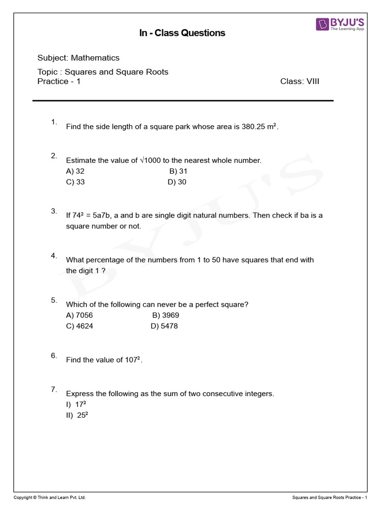 Practice - Squares and Square Roots - in Class | PDF | Numbers | Number ...