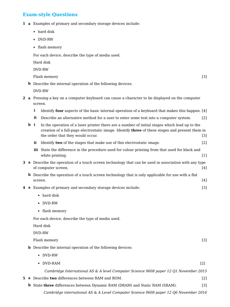 C3-Hardware Exam Style Questions | PDF | Computing | Office Equipment