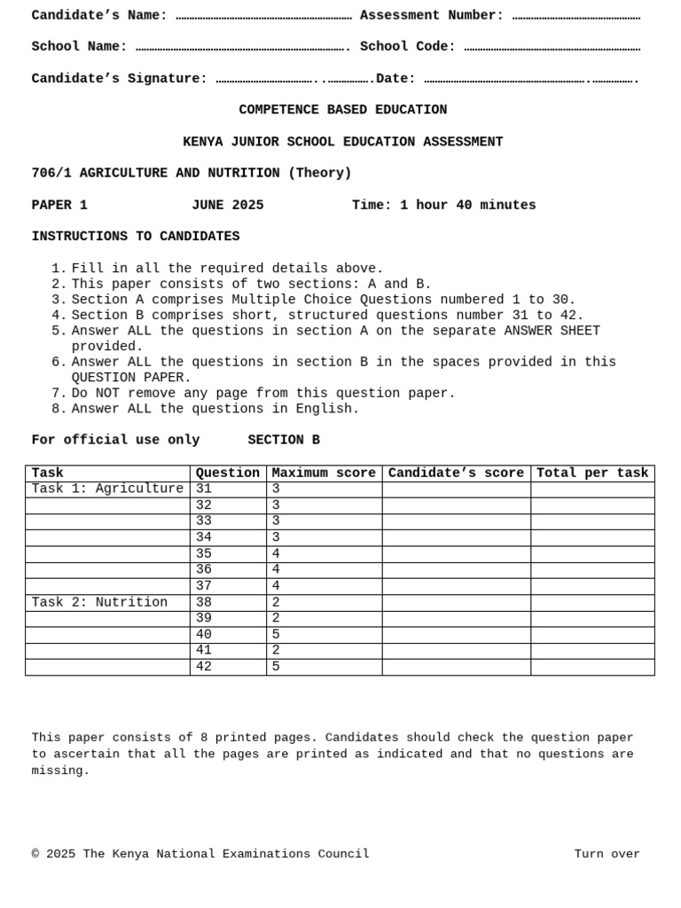 Grade 7 Agriculture Paper 1 | PDF | Farms | Foods