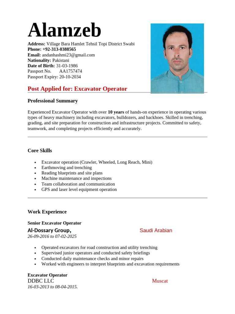 Excavator Operator CV of Alamzeb | PDF