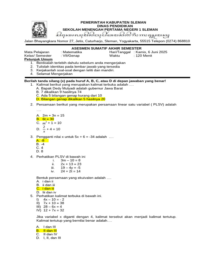 Soal & Kunci Asesmen Sumatif Akhir Semester Genap Matematika Kelas VII | PDF