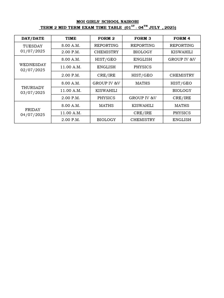 Mid Term 2 Exams Timetable 2025.. | PDF