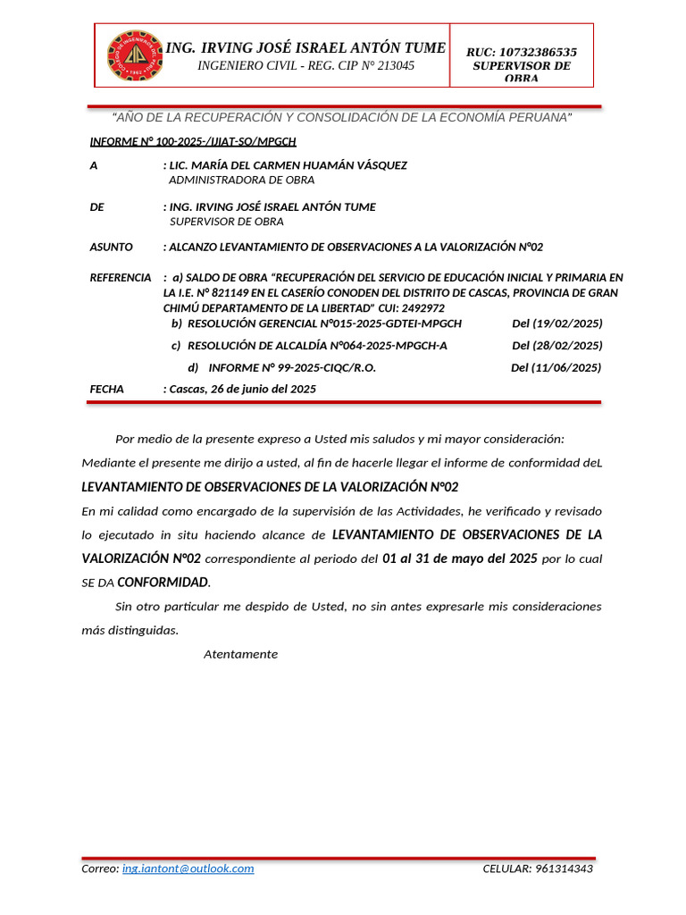 Informe N°100-2025-Lev Observaciones A La Valo 02 | PDF