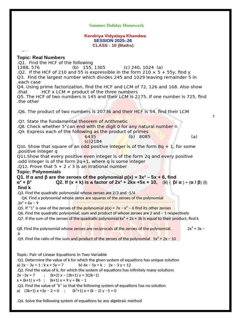 Class 10 Maths Summer Homework Guide | PDF | Polynomial | Numbers