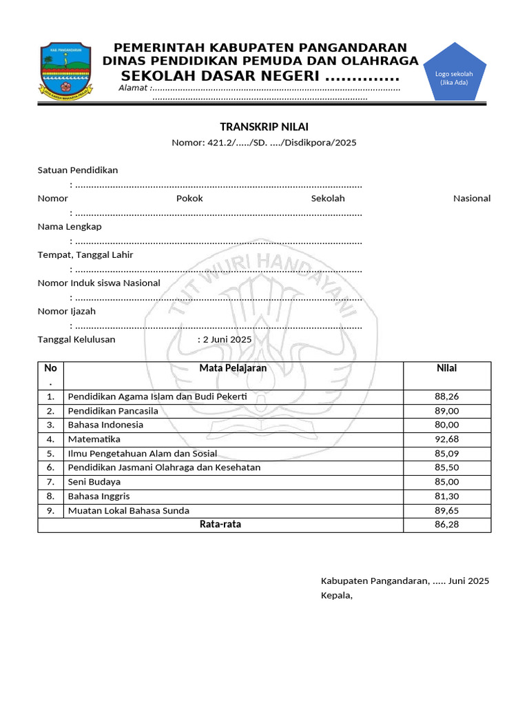 Format Transkrip Nilai Kurikulum Merdeka A4 Revisi | PDF