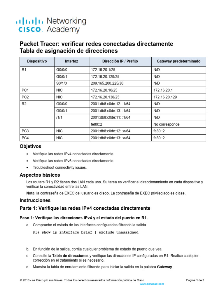 Packet Tracer - Verificar Redes Conectadas Directamente 1.5.10 Packet Tracer Verify Directly ...