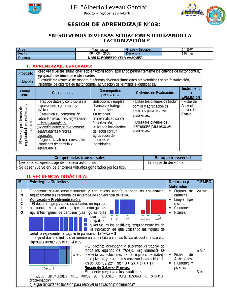 5°-Sesion 3 Ua2 - 2025 | PDF | Factorización | Aprendizaje