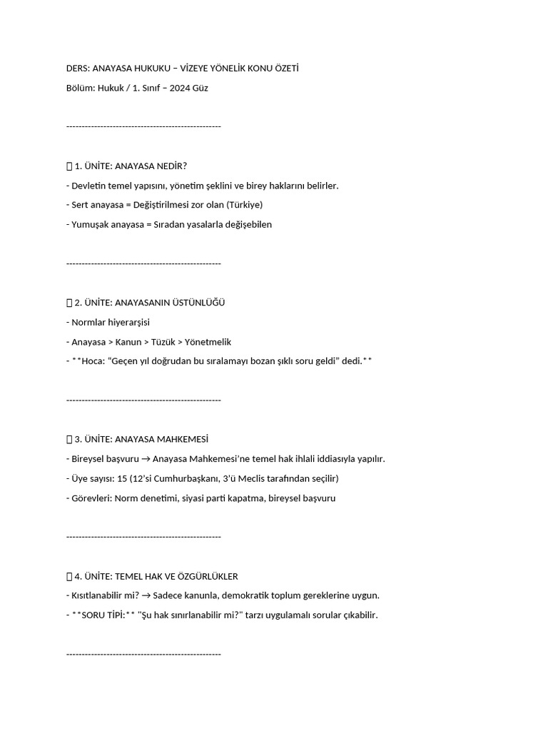 Anayasa Hukuku Ders Notlari Vize | PDF