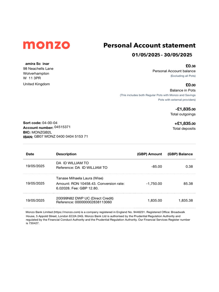Monzo Bank Statement Zamira - Resident | PDF | Deposit Account ...