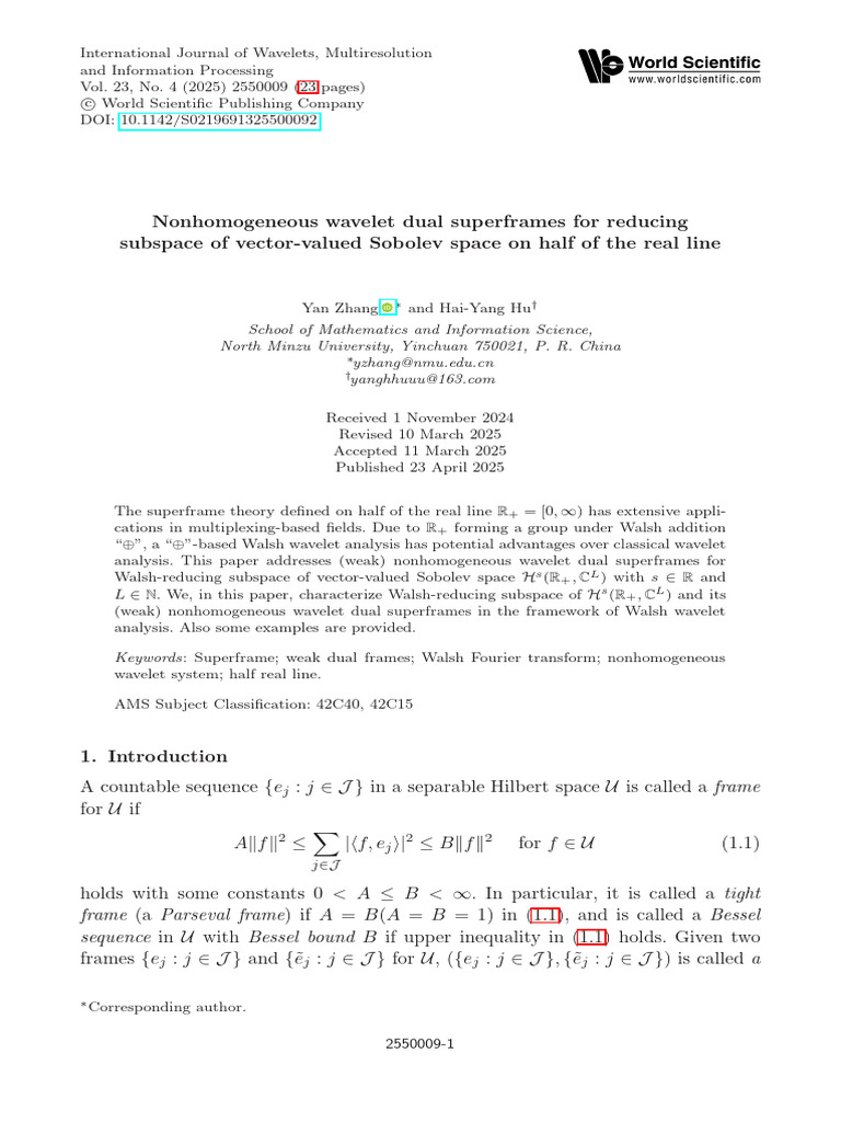 Hu Zhang 2025 Nonhomogeneous Wavelet Dual Superframes For Reducing Subspace of Vector Valued ...