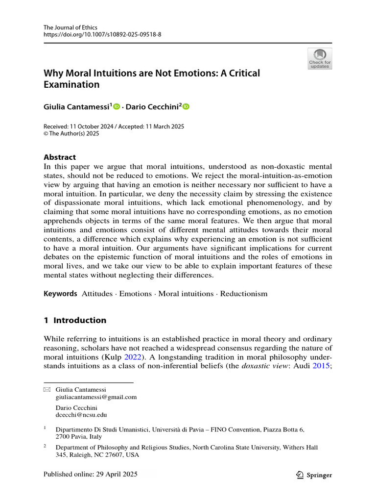 Moral Intuitions vs. Emotions Explained | PDF | Emotions | Intuition