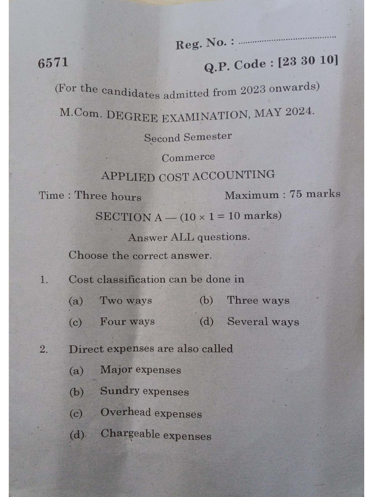 Applied Cost Accounting Previous Year Question Paper Pdf