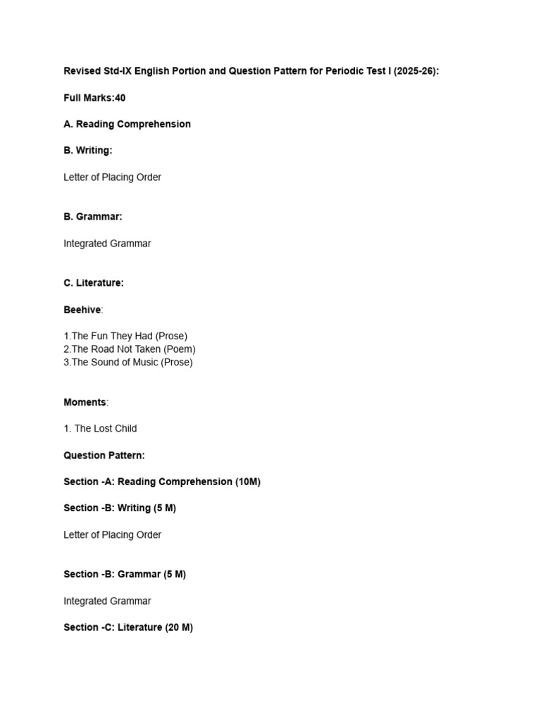 Revised Std-9 PT-1 Portion and Question Pattern(2024-25) | PDF
