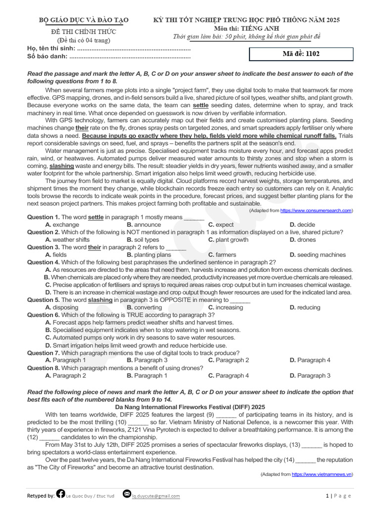 Đề Thi Chính Thức THPT 2025 - Môn Tiếng Anh - Mã 1102 - 1105 | PDF | Climate Change Mitigation ...