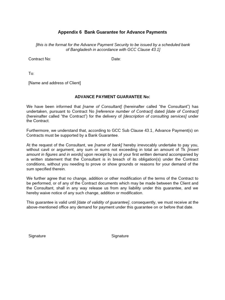 Appendix 6 Bank Guarantee For Advance Payments | PDF