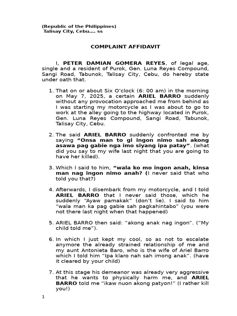 Affidavit Complaint Peter Reyes | PDF | Affidavit
