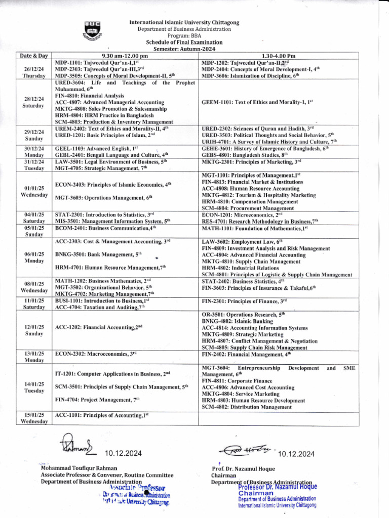 BBA Final Exam Schedule, Autumn 2024 | PDF | Business | Economies