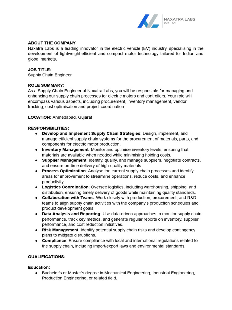 Naxatra Labs - Supply Chain Engineer JD | PDF | Supply Chain | Logistics