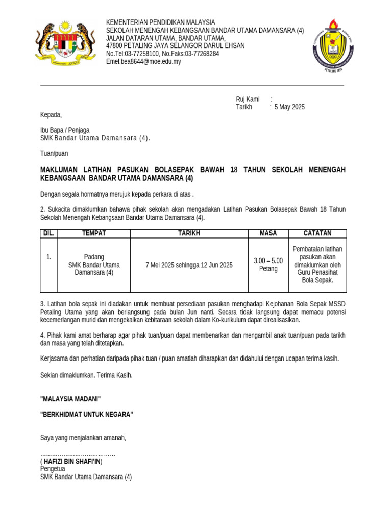 Surat Makluman Latihan Pasukan Bolasepak b18 | PDF
