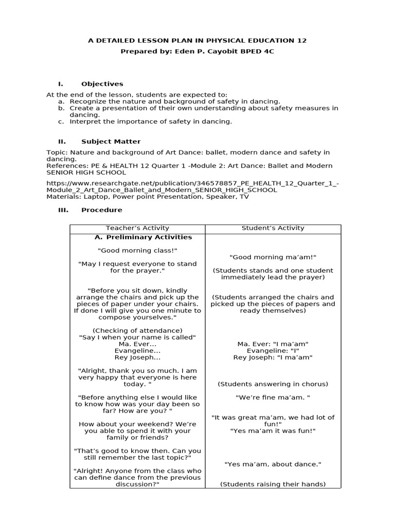 A Detailed Lesson Plan in Physical Education 12 | PDF | Dances