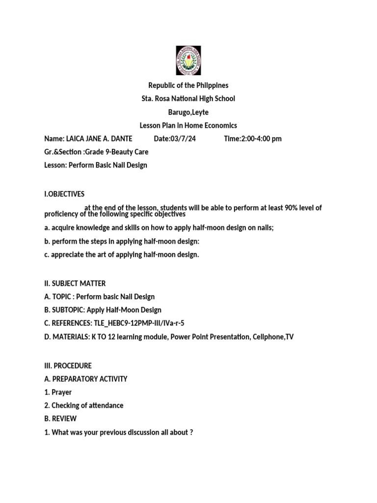 4a's Lesson Plan in Tle G-9 | PDF | Cognition | Learning