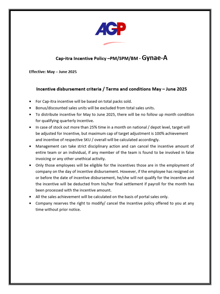 Incentive Policy For APMPMSPMGPMSr - GPM - May JuneCapitra | PDF