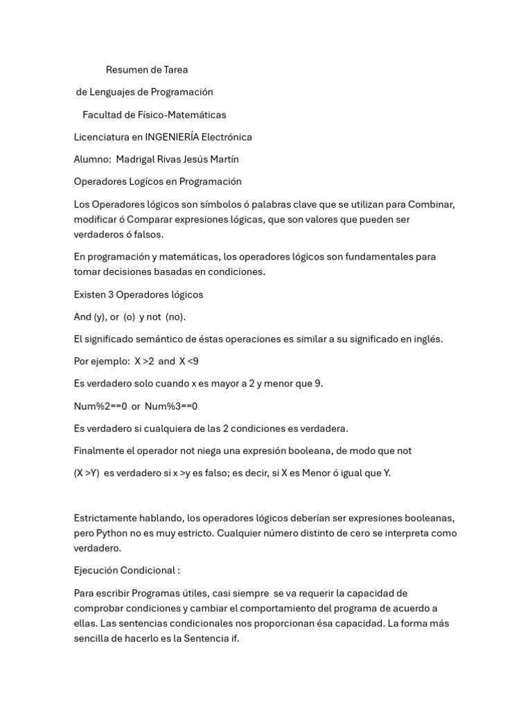 Resumen de Operadores Lógicos | PDF | Python (lenguaje de programación) | Programación de ...