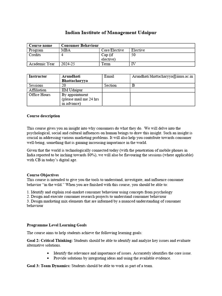 CB (B) 2024-25 Course Outline - Will Be Modified | PDF | Consumer Behaviour | Perception