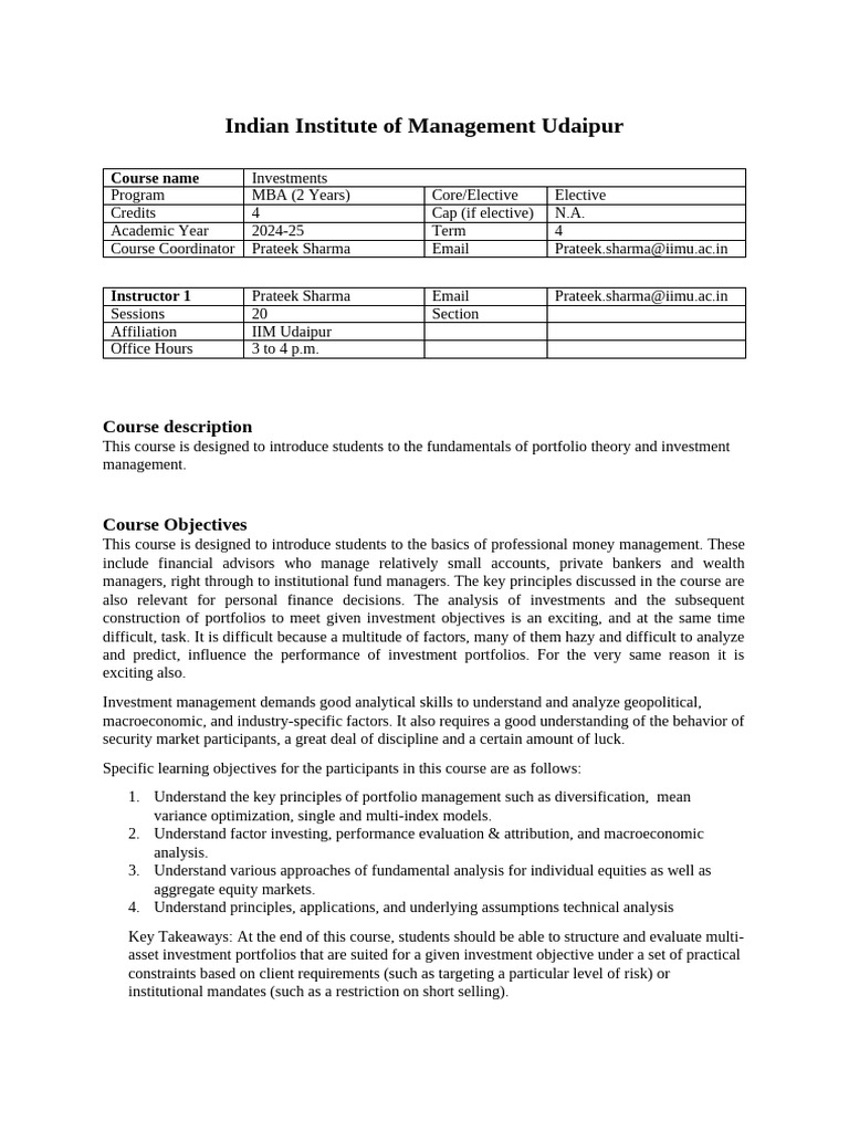 Investments Course Outline 2024 - 25 - Will Be Modified | PDF | Modern ...