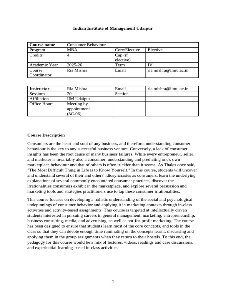 CB (A) 2025-26 Outline - Will Be Modified | PDF | Behavior | Consumer Behaviour