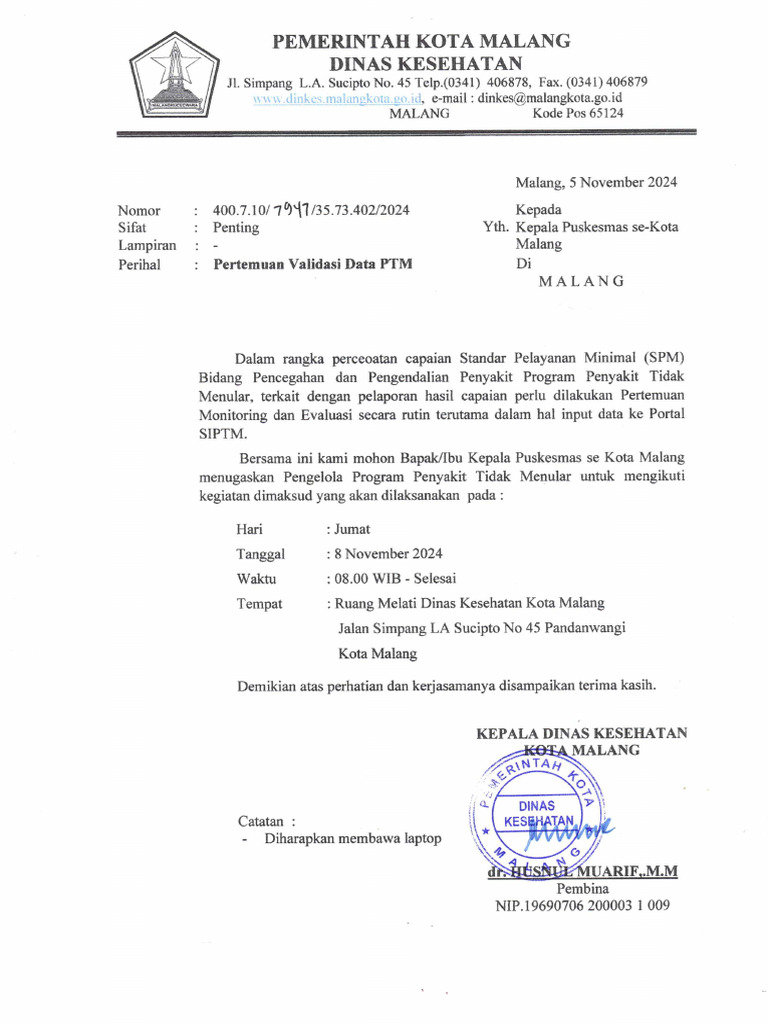 Undangan Pertemuan Validasi Data PTM | PDF