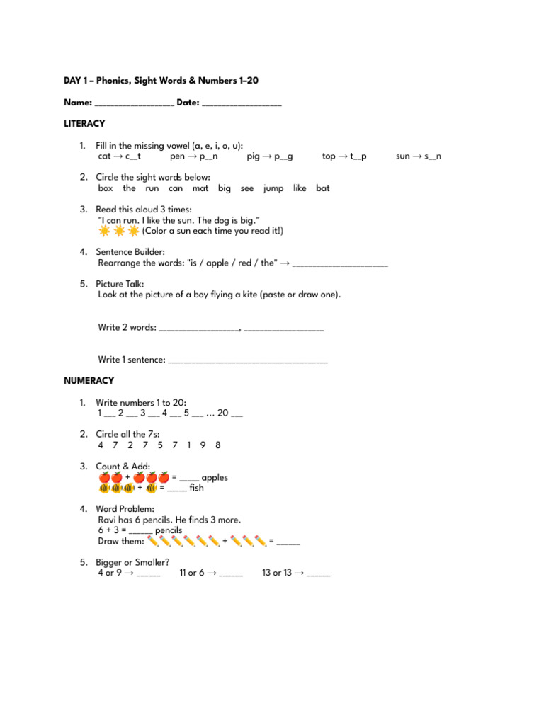 Foundational Literacy & Numeracy Worksheets | PDF | Pencil