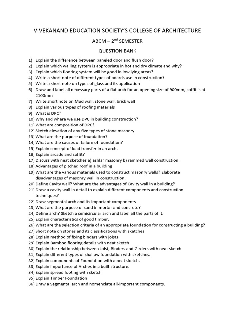 ABCM Architecture Question Bank | PDF | Masonry | Architectural Design