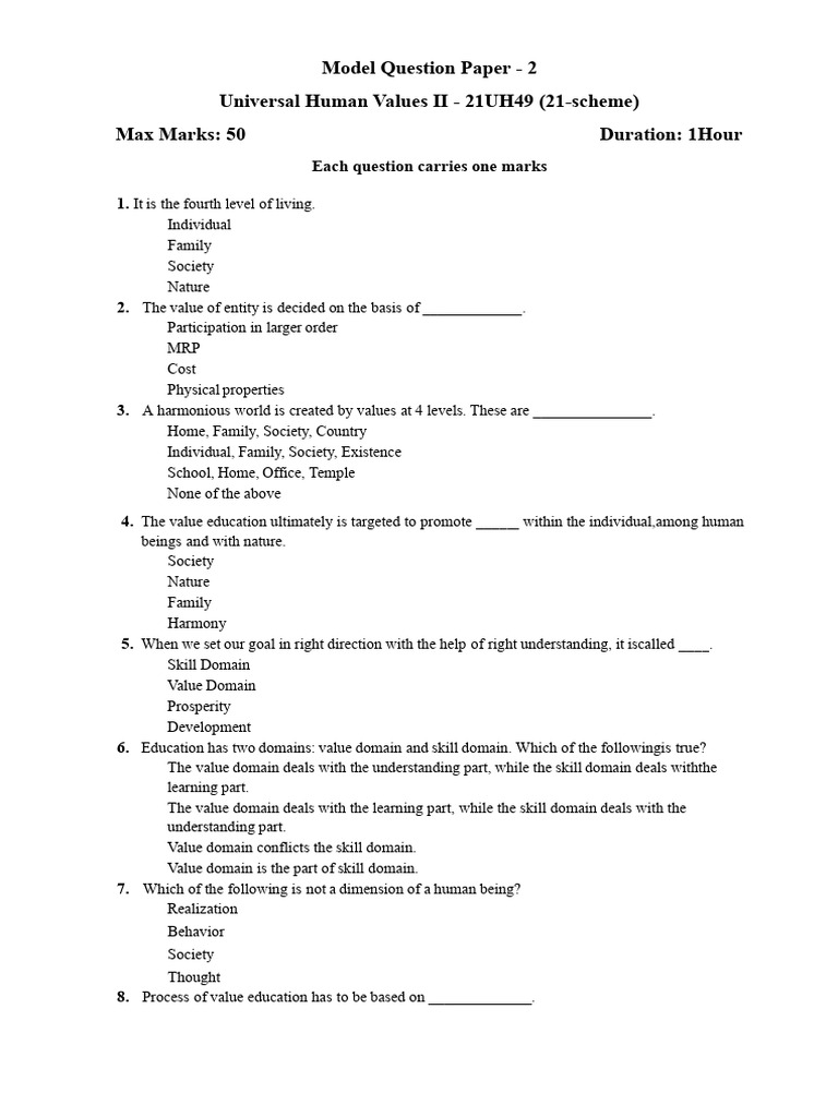 UHV Model Question Paper 2 | PDF | Self | Happiness
