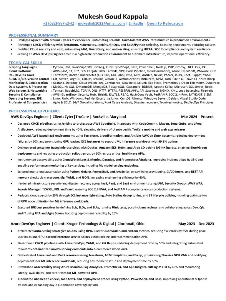AWS DevOps Engineer Resume Summary | PDF | Amazon Web Services | Microsoft Azure