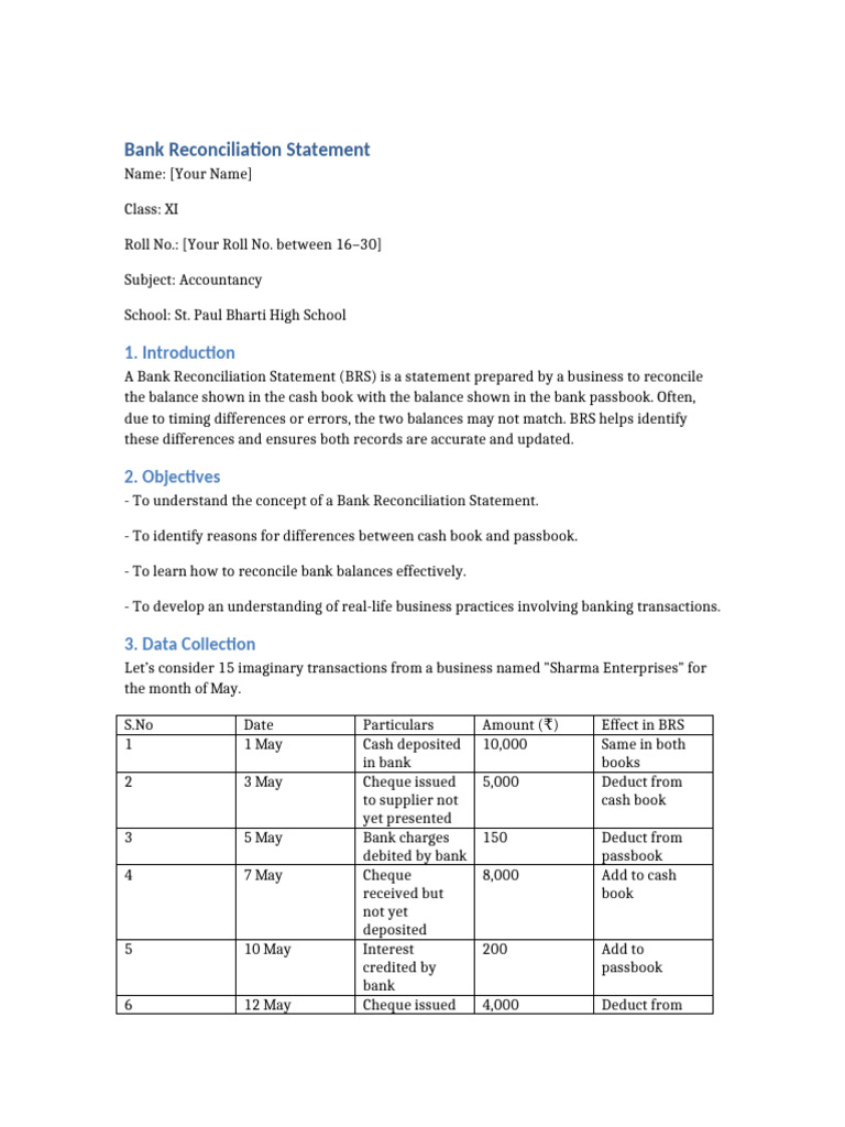 Objectives of Bank Reconciliation Statement | PDF | Banks | Cheque