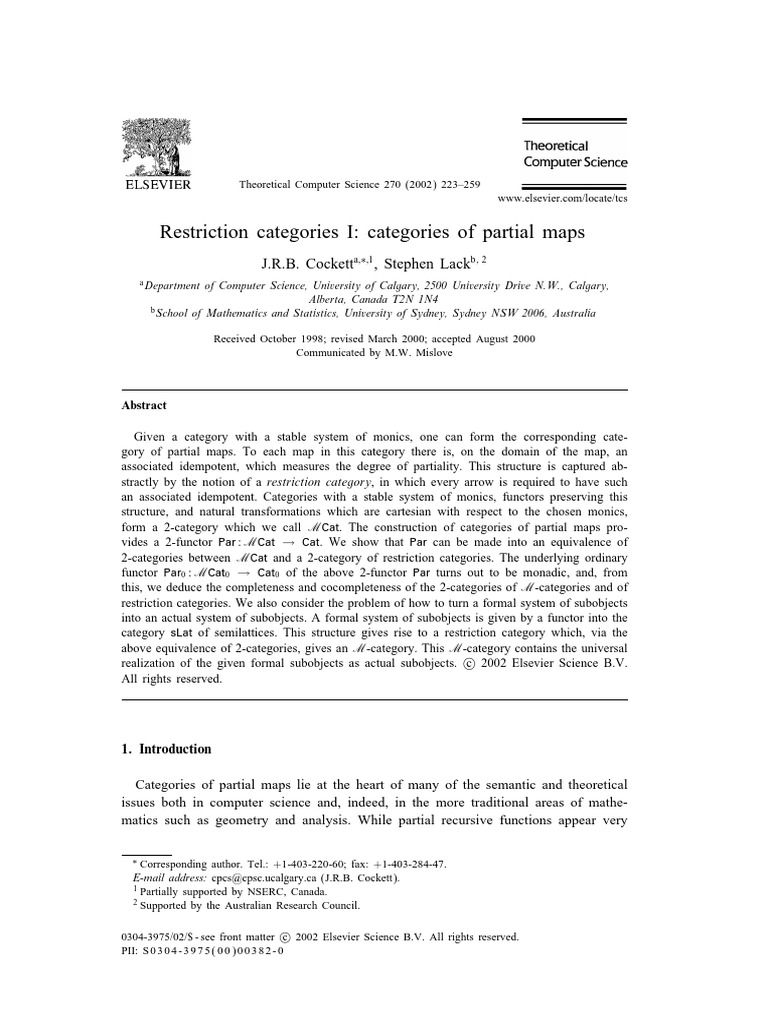 Crockett - Restricted Categories I - Categories of Partial Maps | PDF ...
