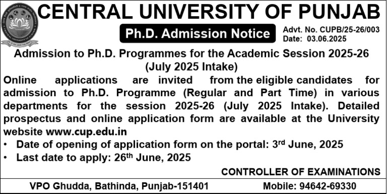 English Advt 003 PHD Admission July 2025 Intake | PDF