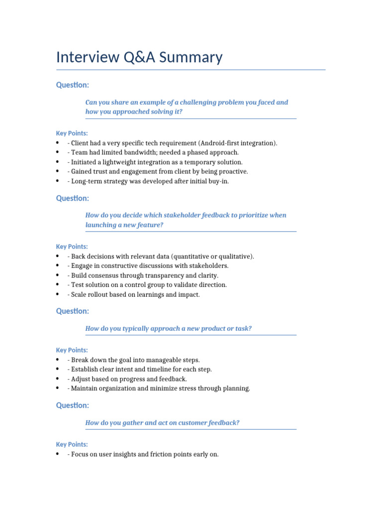 PM Interview QA Summary | PDF | Usability | Business