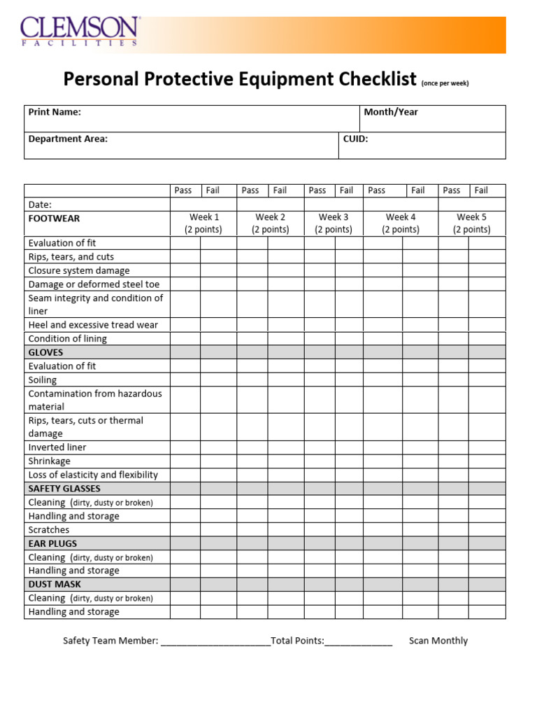 Personal Protective Equipment Checklist: Print Name: Month/Year Department Area: Cuid | PDF