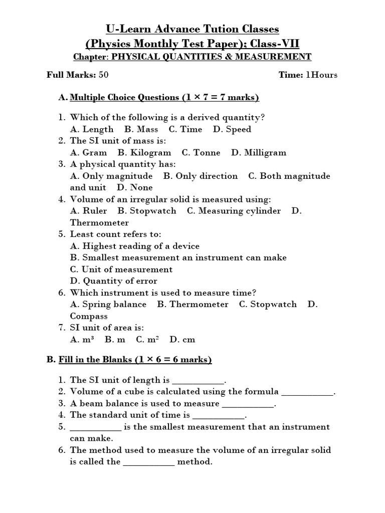 Monthly Physics Class 7 (Physical Quantity and Measurement) Question ...