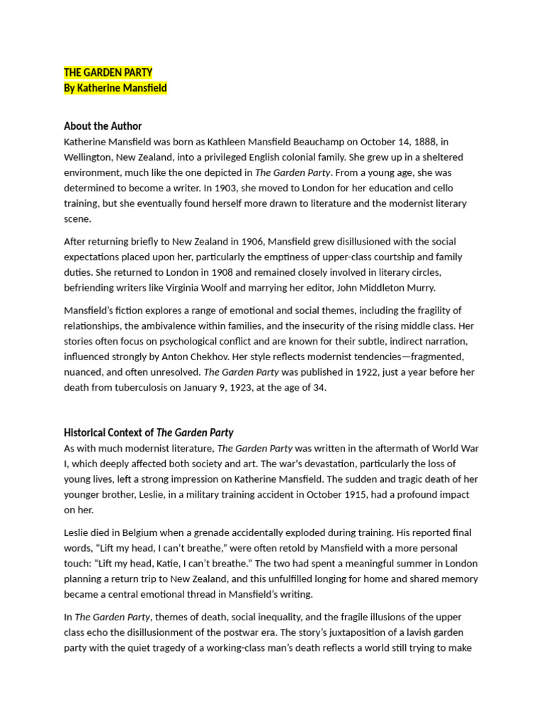 The Garden Party by Mansfield | PDF | Katherine Mansfield