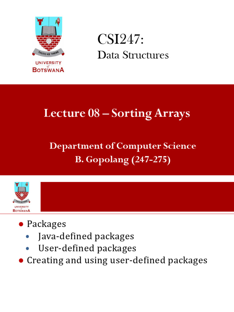 Lecture 08 - Sorting Arrays | PDF | Software Engineering | Computer Science