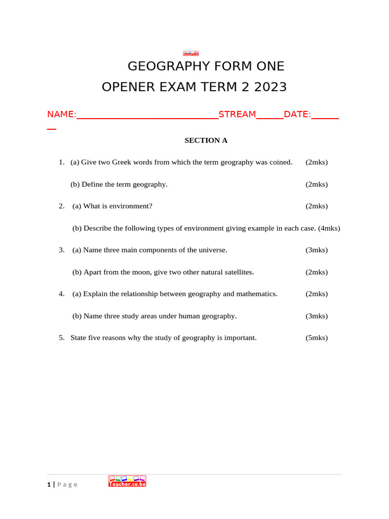 GEOGRAPHY F1 QS Term 2 Opener 2023 Teacher Co Ke | PDF | Earth ...