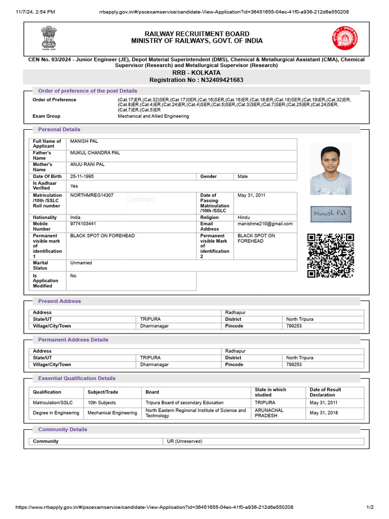 Rrbapply.gov.in # Pscexamservice Candidate View Application Id=36451655 ...
