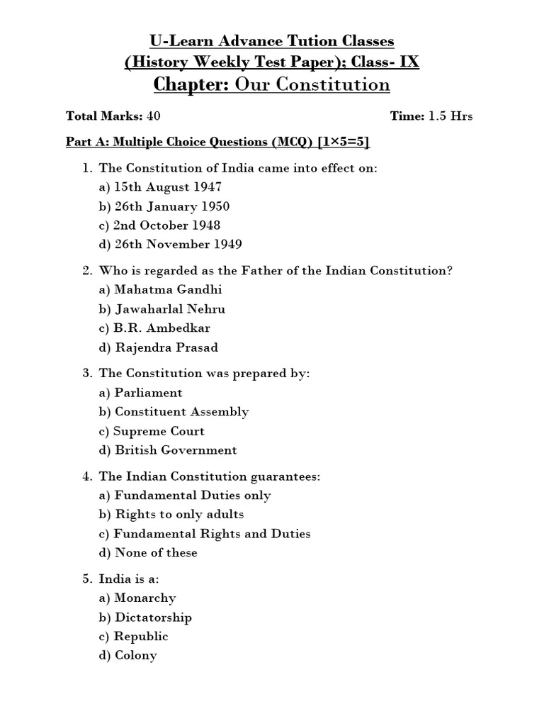 History WEEKLY Class 9 (Our Constitution) Question Paper | PDF ...