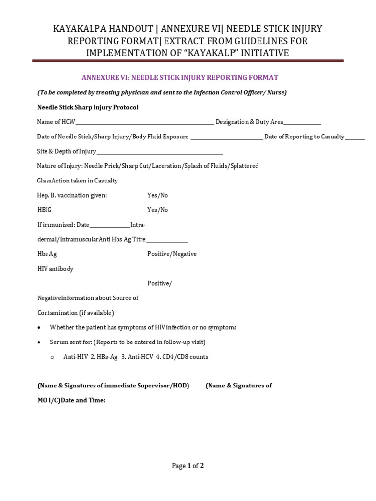 Needle Stick Injury Reporting Format | PDF | Clinical Medicine | Health ...