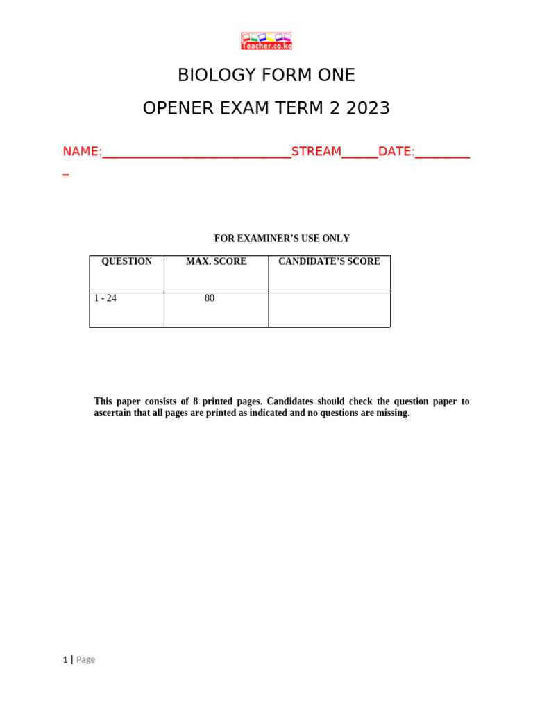 Biology Form One Qs Term 2 Opener 2023 Teacher Co Ke | PDF | Cell (Biology) | Biology