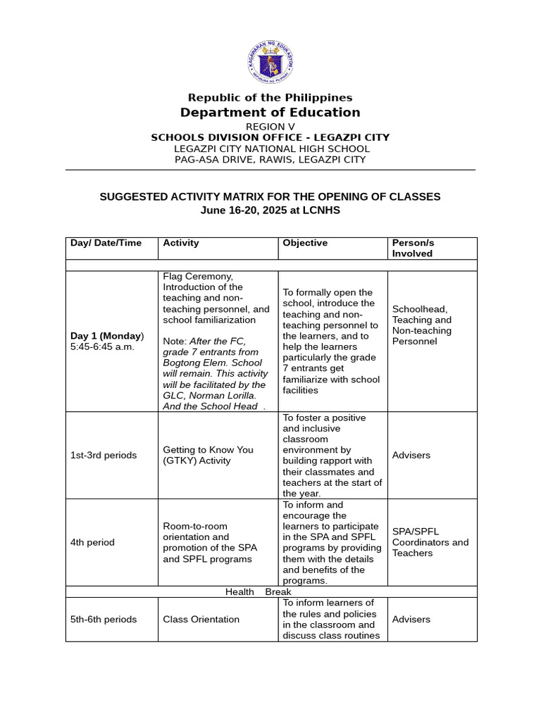Activity Matrix For The First Week of Classes | PDF | Teachers | Learning